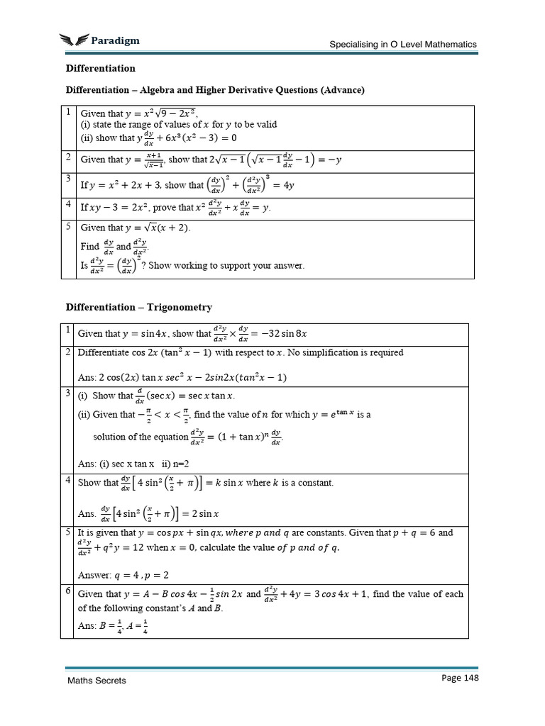 O Level A Math Revision Differentiation 2 | PDF | Geometry ...