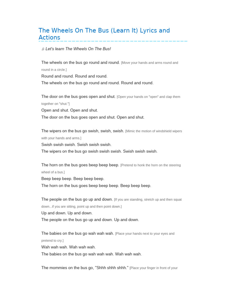 Wheels on the Bus: Lyrics & Actions | PDF
