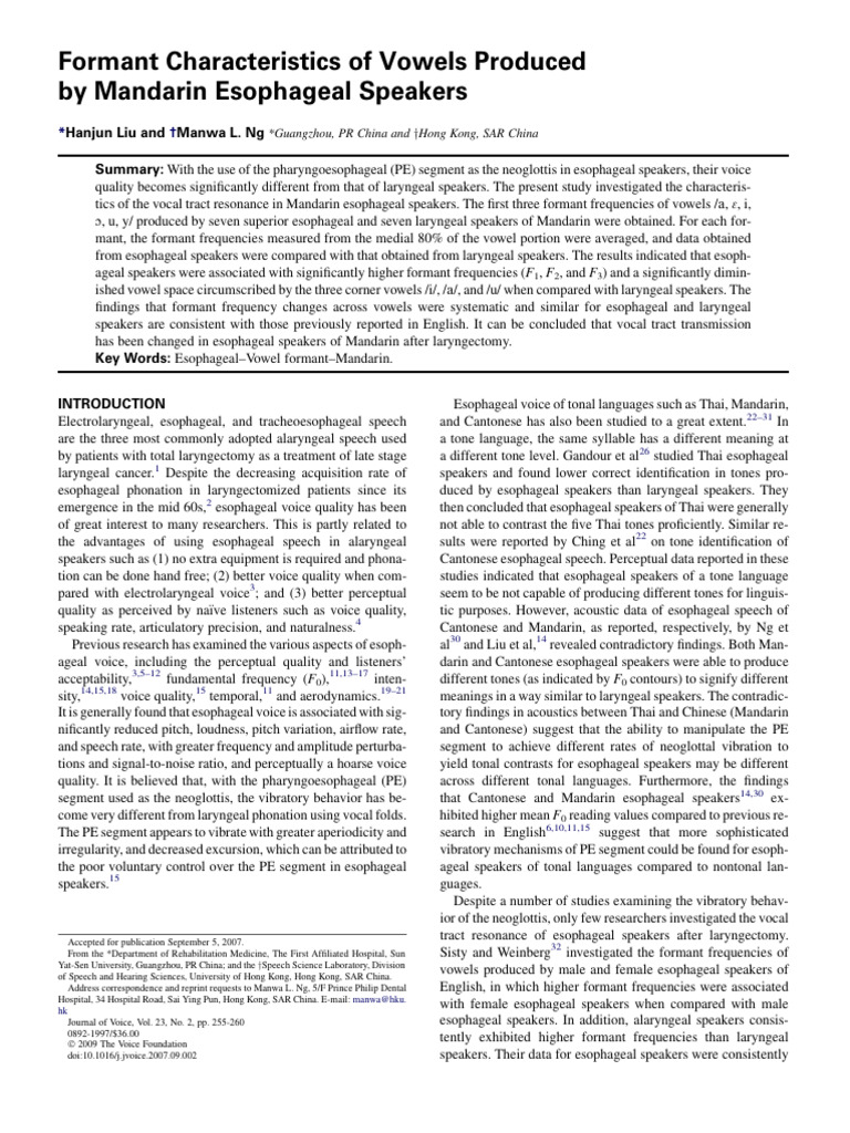 Formant Characteristics of Vowels Produced by Mandarin Esophageal Speakers | PDF | Vowel | Tone ...