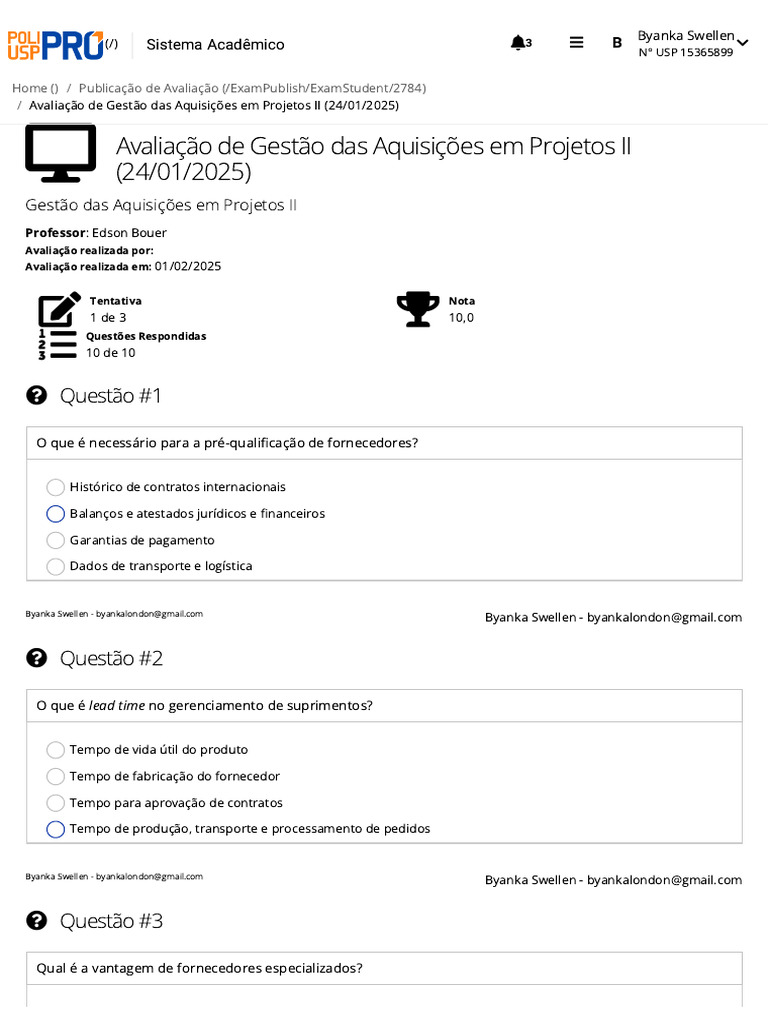 POLI USP PRO Avaliação de Gestão Das Aquisições em Projetos II (24 - 01 ...