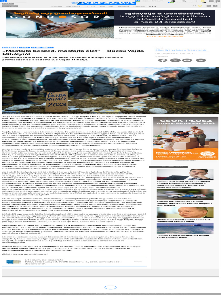 „Másfajta beszéd, másfajta élet” – Búcsú Vajda Mihálytól | PDF