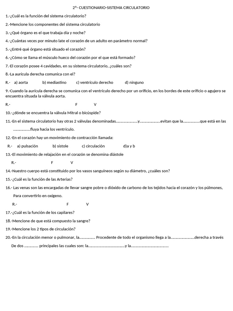 Cuestionario sobre el Sistema Circulatorio | PDF