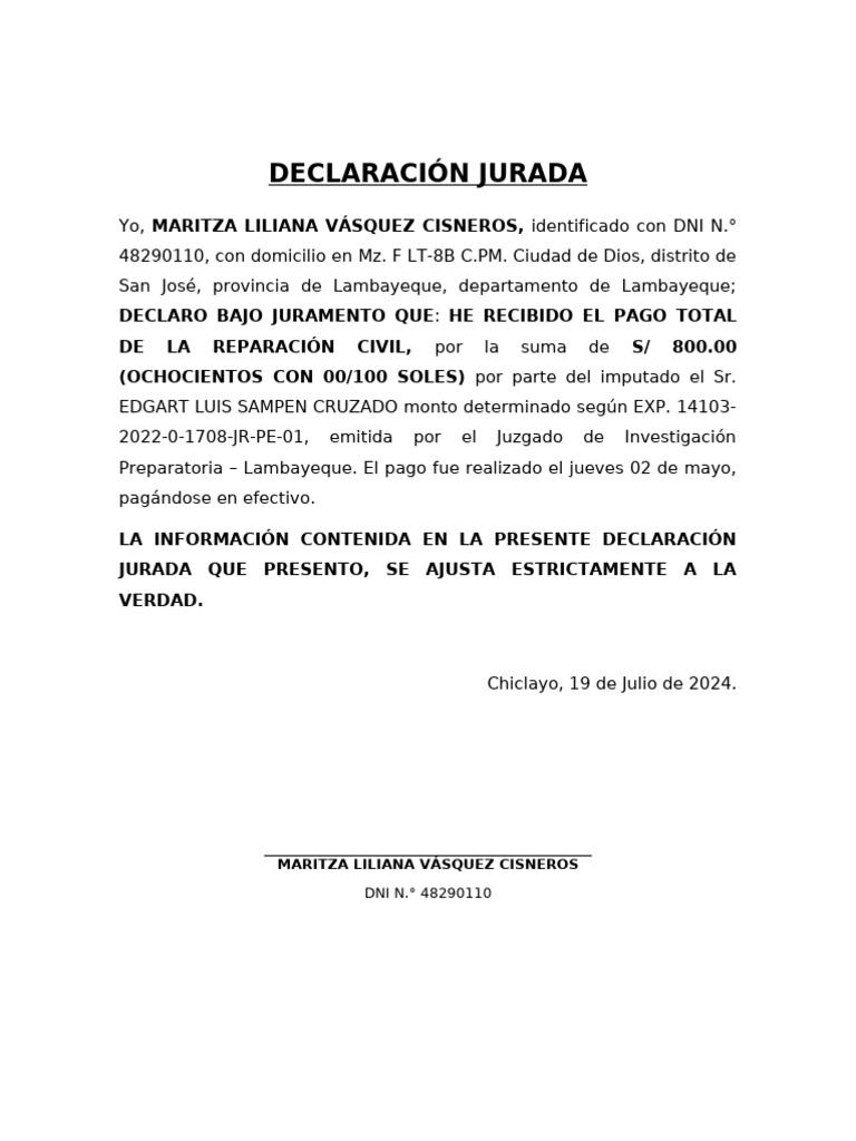 Declaración Jurada de Haber Recibido Pago de Rep Civil | PDF