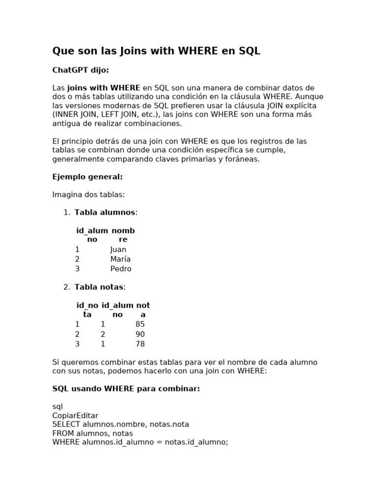Joins con WHERE en SQL: Guía Práctica | PDF