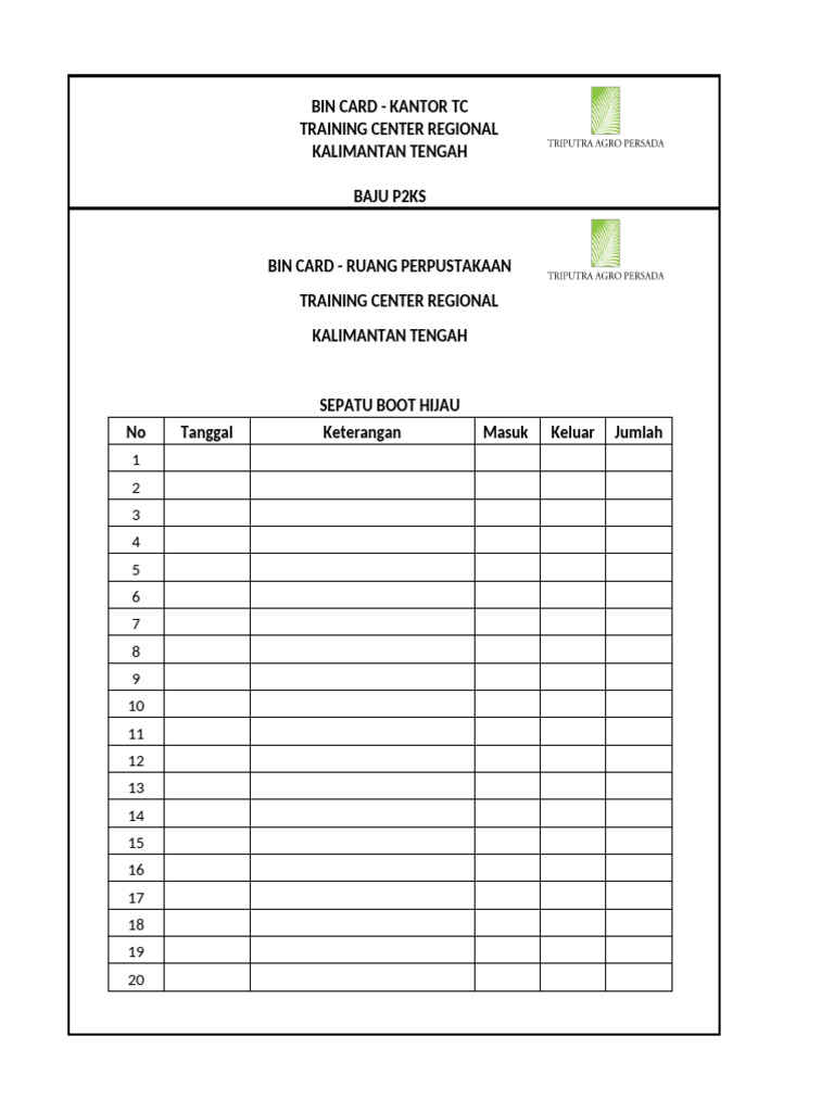 Bin Card Inventaris Training TC Kalteng | PDF