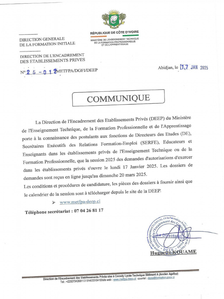 Communique Relatif Au Lancement Des Autorisations D'excercer Dans | PDF