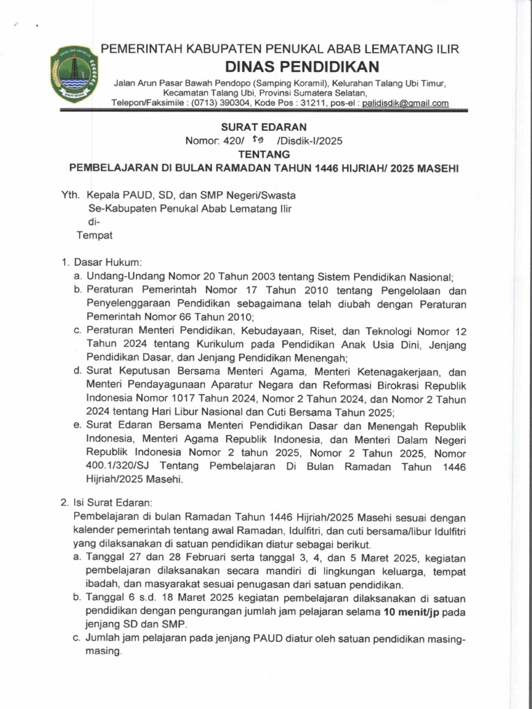 SE TENTANG PEMBELAJARAN DI BULAN RAMADHAN TAHUN 1446 HIJRIAH ATAU 2025 MASEHI | PDF