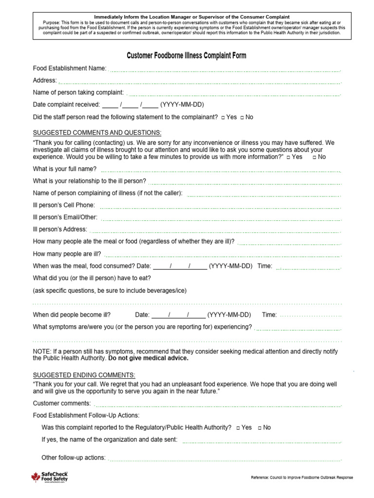 Foodborne Illness Complaint Form | PDF | Foodborne Illness