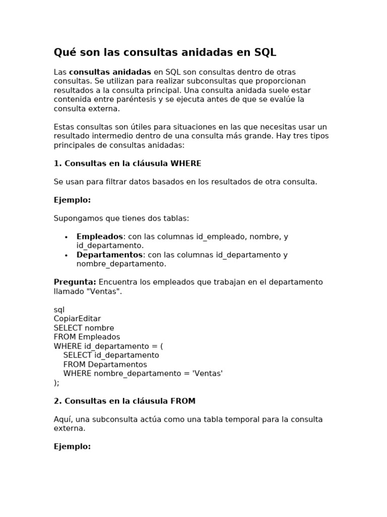 19 Qué son las consultas anidadas en SQL | PDF | SQL | Gestión de datos