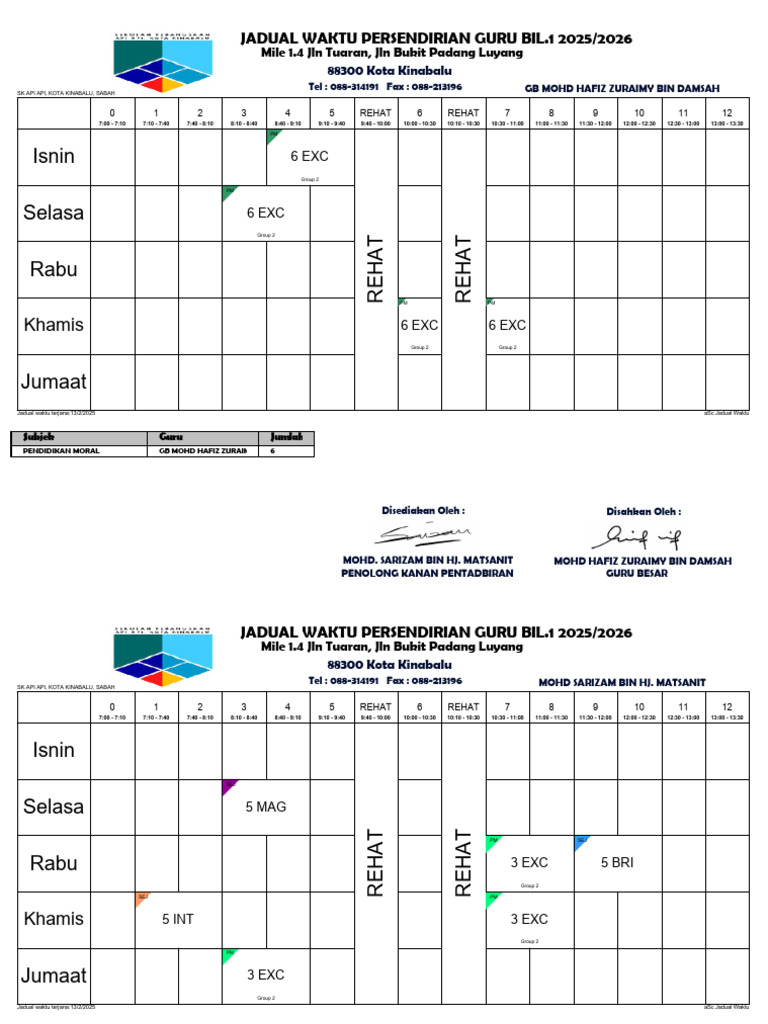JADUAL WAKTU PERSENDIRIANffggh GURU BIL.1 2025-2026 | PDF