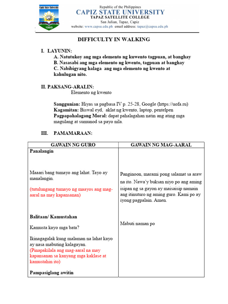 Banghay Aralin Sa Filipino Iv Difficulty in Walking: (Tutulungang ...