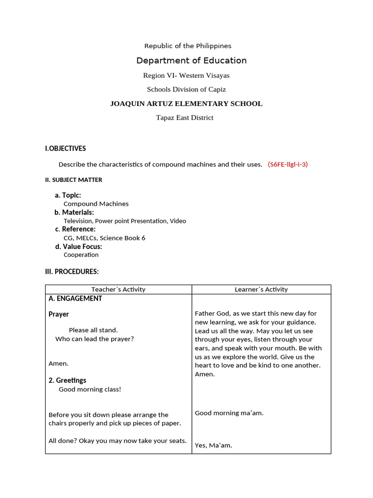 Lesson Plan Grade 6 Final | PDF | Machines
