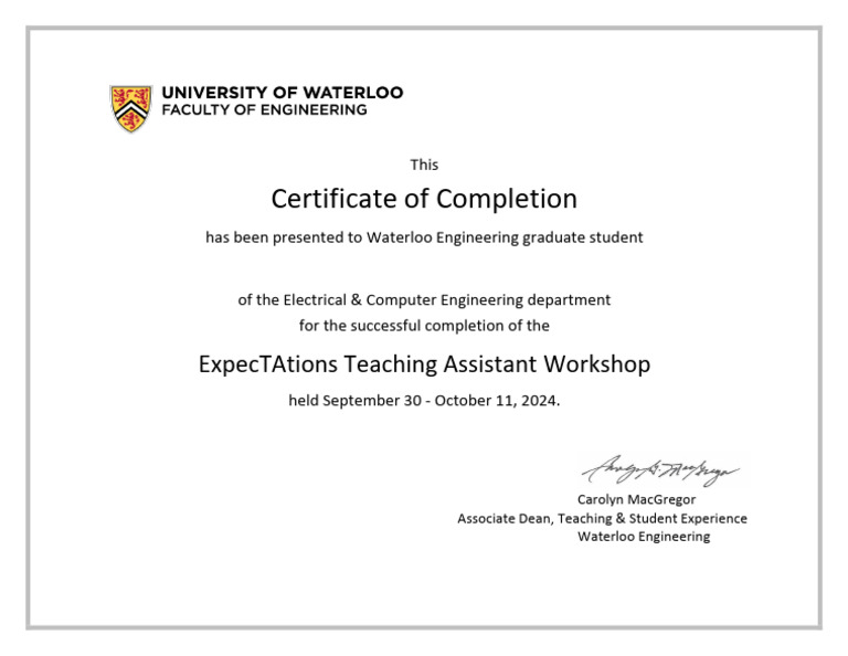 Certificate of Completion - ECE - F24 ExpecTAtions FOE - Fall 2024 Dev ...