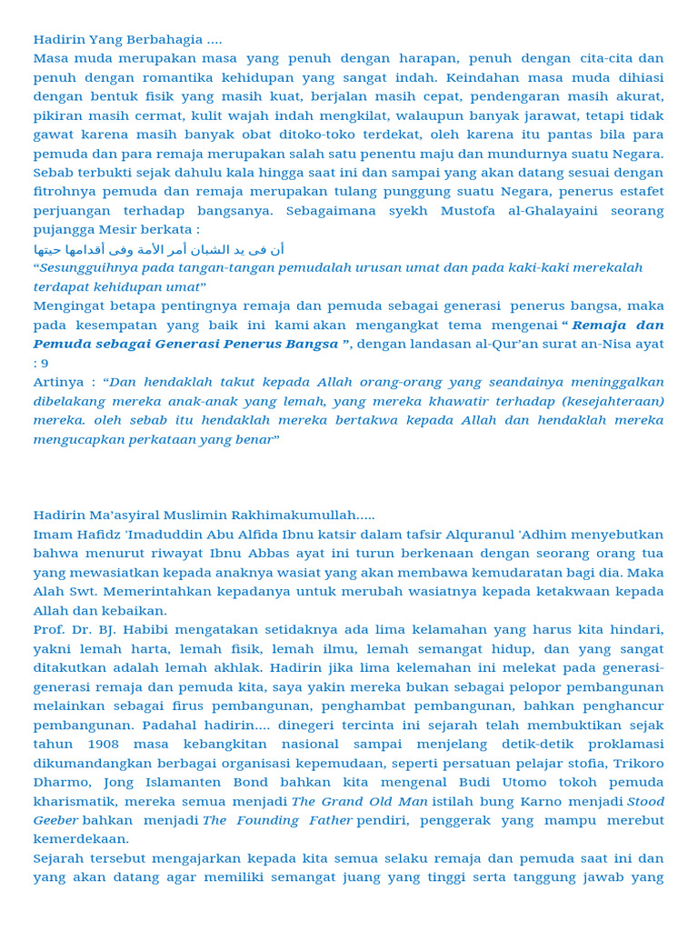 Ceramah Remaja Dan Pemuda Sebagai Generasi Penerus Bangsa | PDF