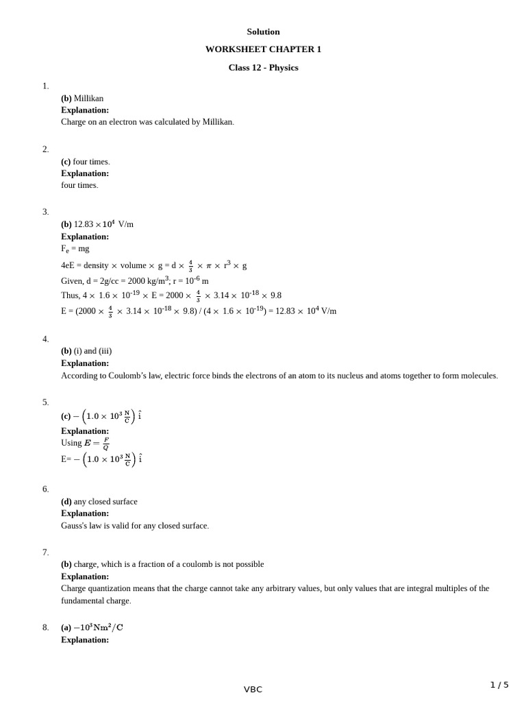 12 Worksheet All Chapters Solution | PDF | Electric Field | Capacitor