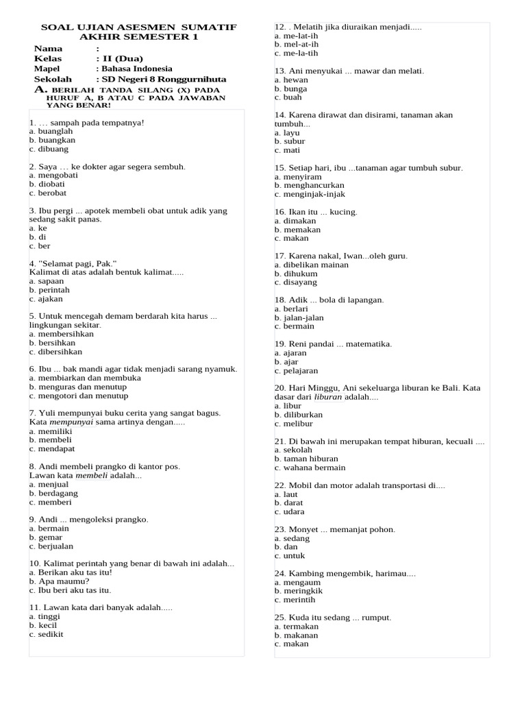 Soal Ujian Asesmen Sumatif Akhir Semester Kelas 2 Bindo | PDF