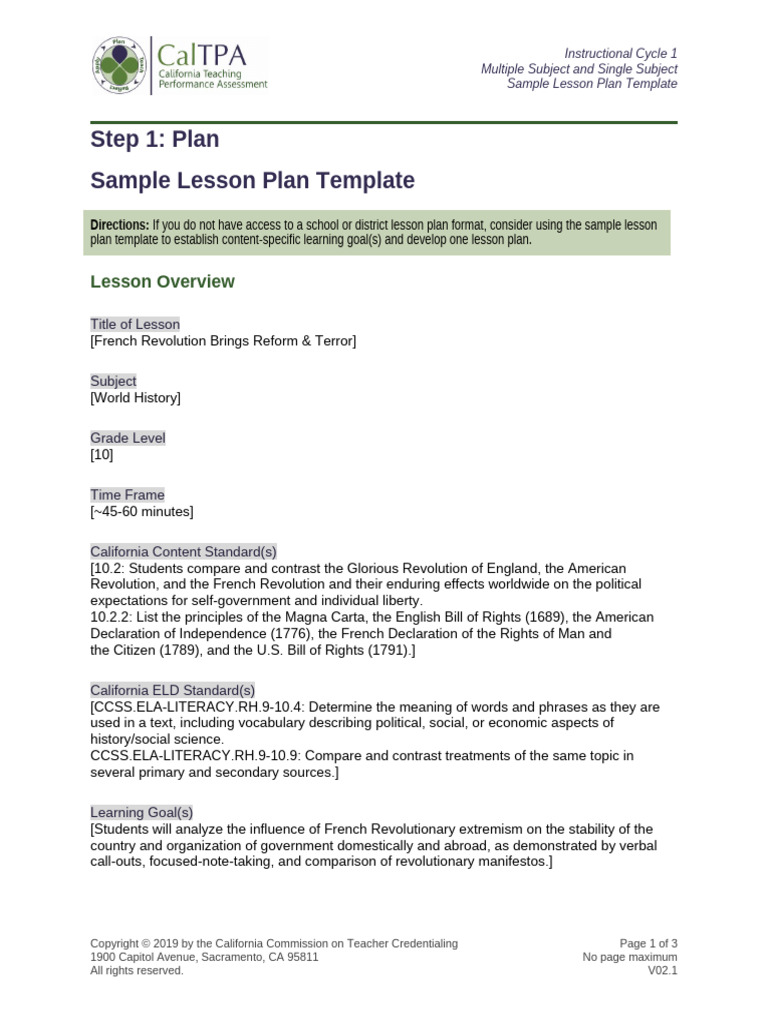 Cal Tpa Lesson Plan 10 | PDF | Lesson Plan | Learning