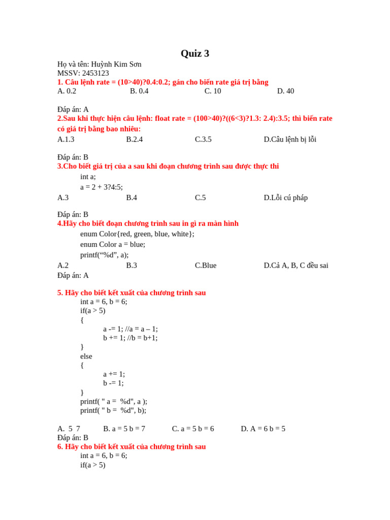 Quiz 3 - Lenh Lua Chon | PDF