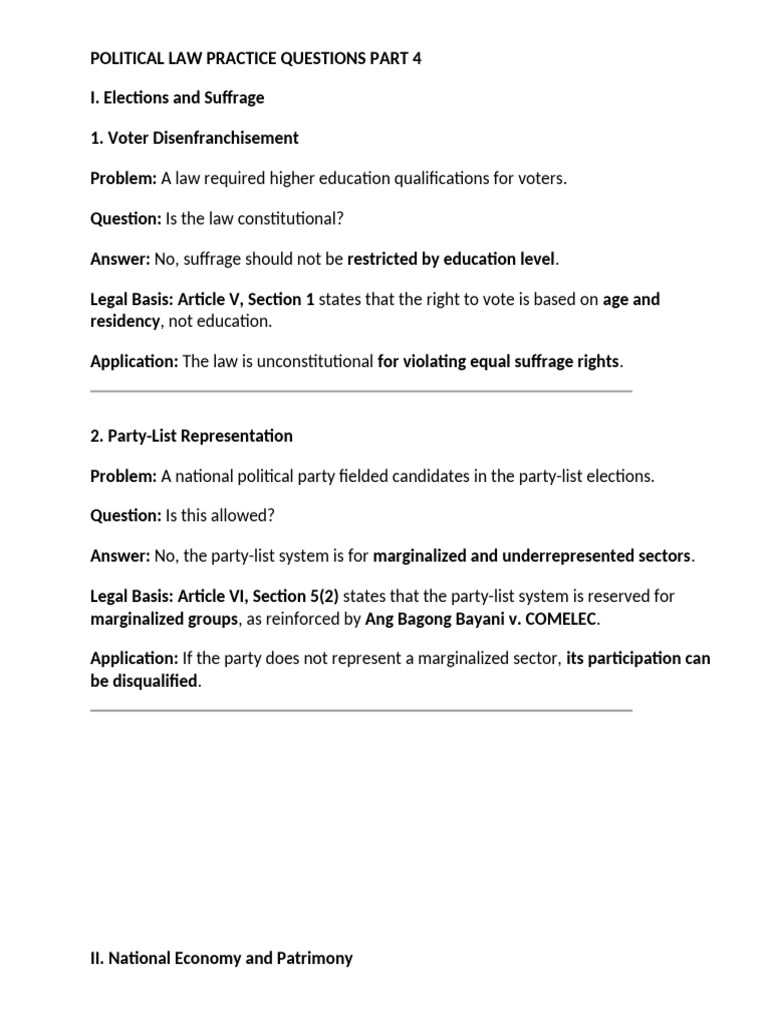Political Law Practice Questions Overview | PDF | Suffrage | Habeas Corpus