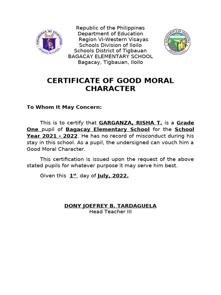 Certificate of Good Moral Character & Enrollment | PDF