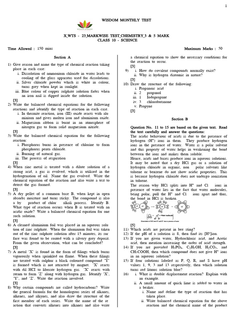X - Chem - All Chapter - 3 and 5 Mark | PDF | Acid | Chlorine