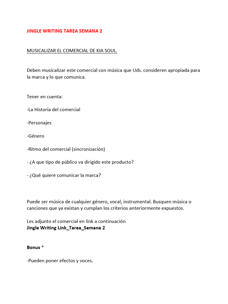 Jingle Writing Tarea Semana 2 | PDF