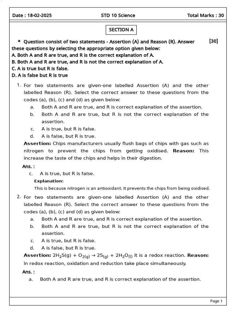 ASSERTION REASON - Solution | PDF | Electromagnetic Induction | Acid