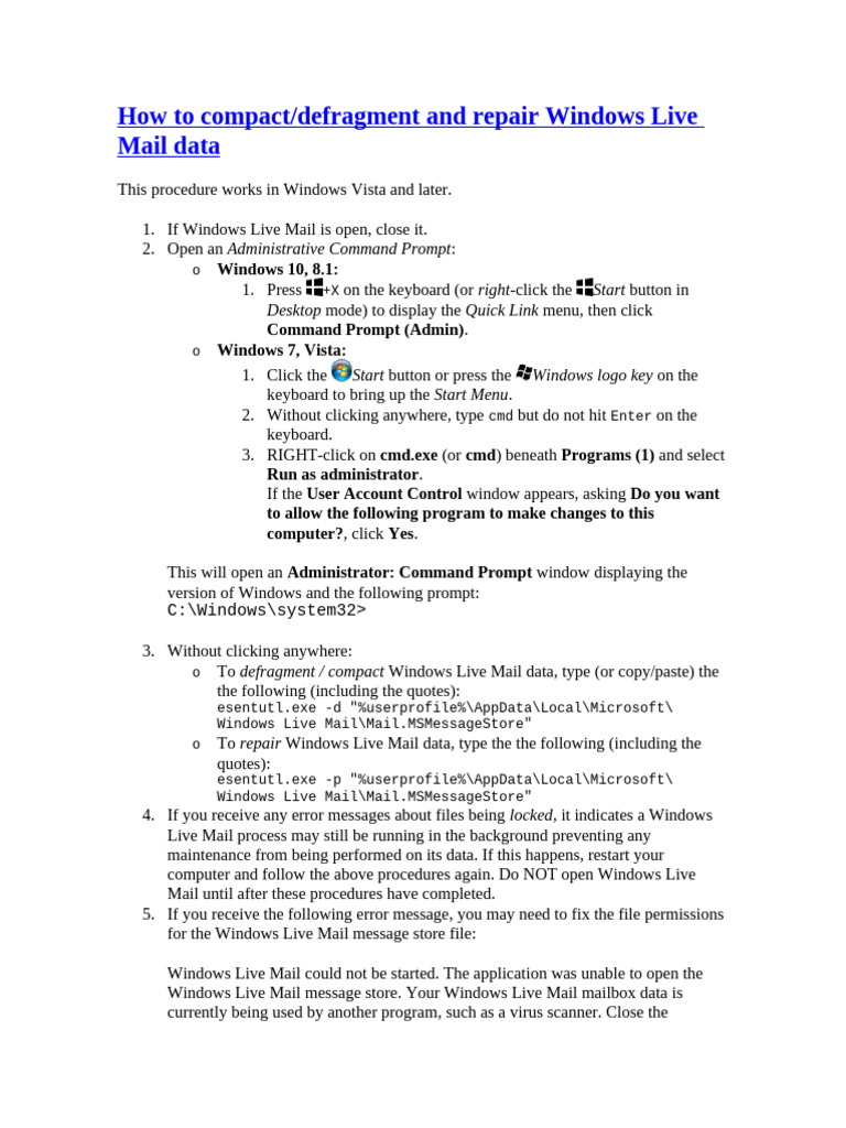 Repair and Defragment Windows Live Mail | PDF | Microsoft Windows ...