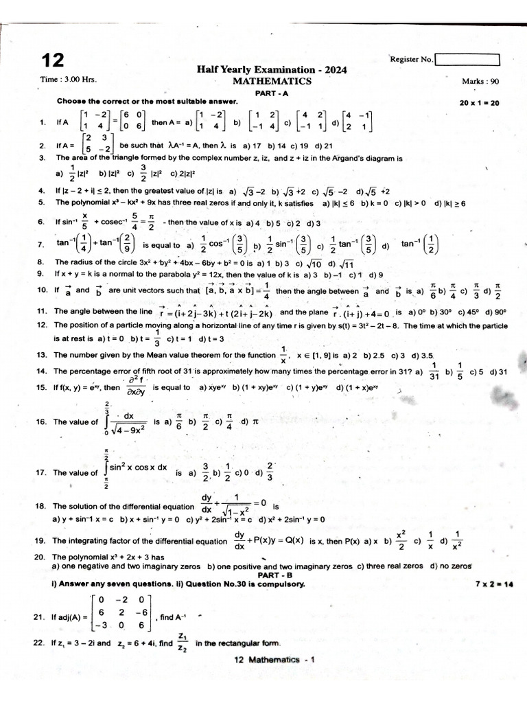 12th Maths EM Half Yearly Exam 2024 Original Question Paper With Answer ...