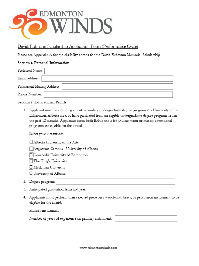 David Erdmann Scholarship Application Form | PDF | Audition ...