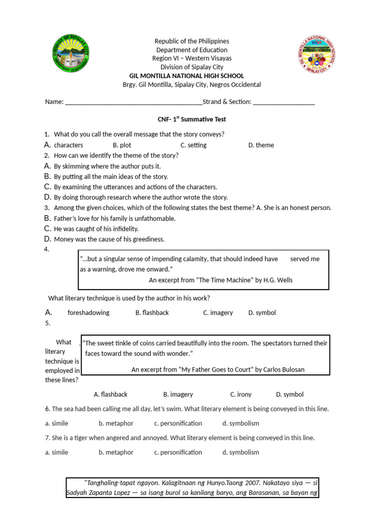 Literary Elements and Themes Assessment | PDF | Rhetorical Techniques ...