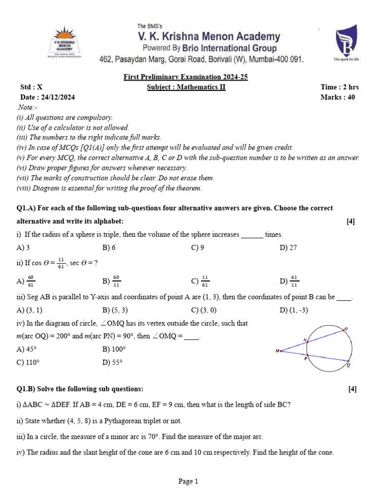 STD 10 Geometry FPE 2024-25 | PDF | Circle | Area