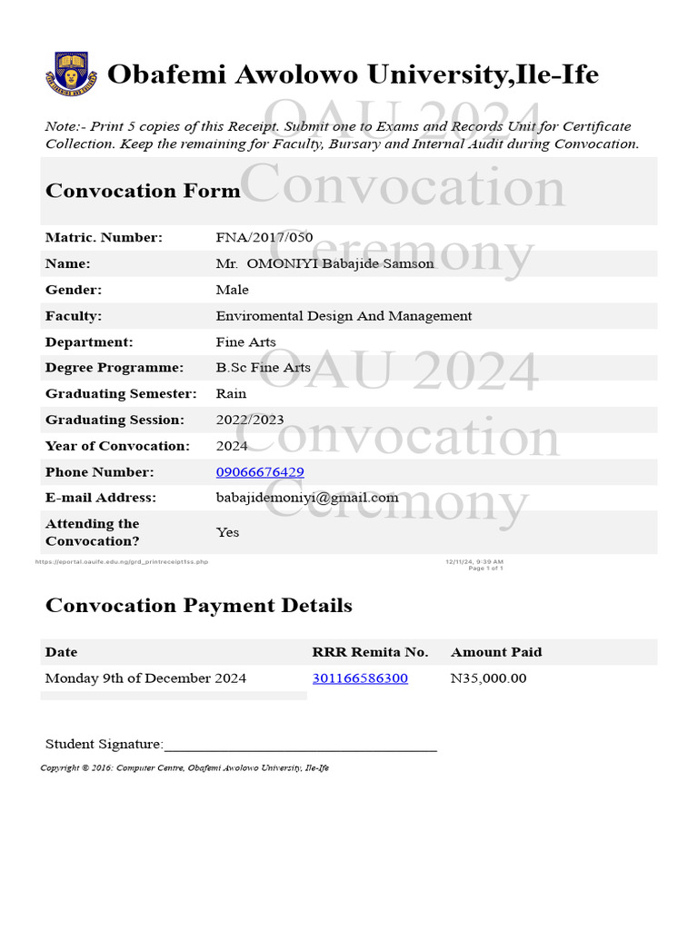 Oaucc 2016 Convocation | PDF