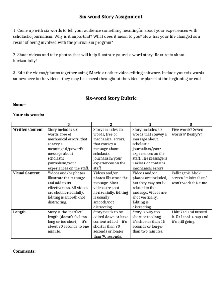 Six Word Story Assignment Rubric | PDF
