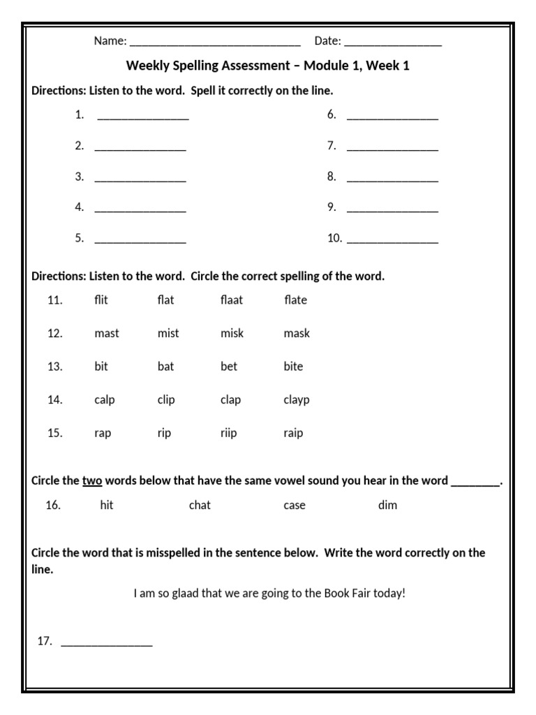 Weekly Spelling Assessment Module 1 | PDF | Spelling | Written ...