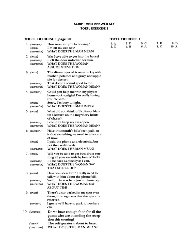 Toefl Exercise 1 - Script and Answer Key | PDF