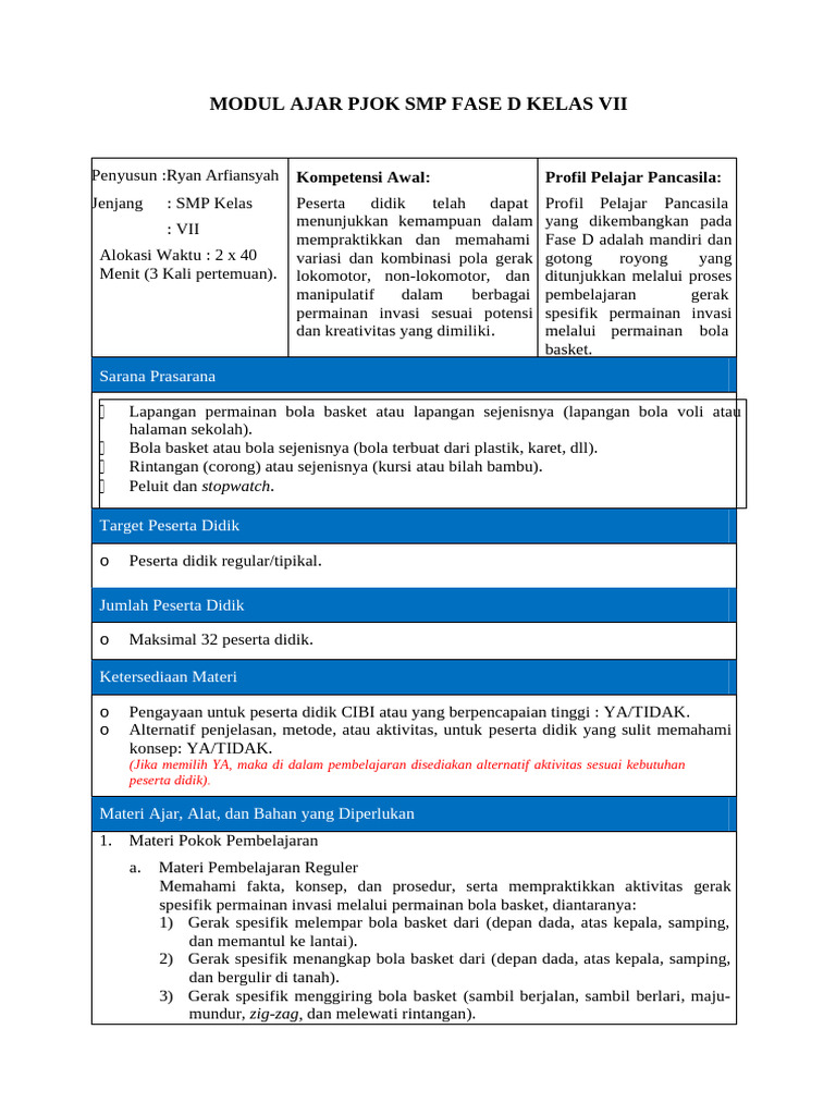 01 Modul Ajar Permainan Bola Basket SMP Kelas 7 - Ryan | PDF