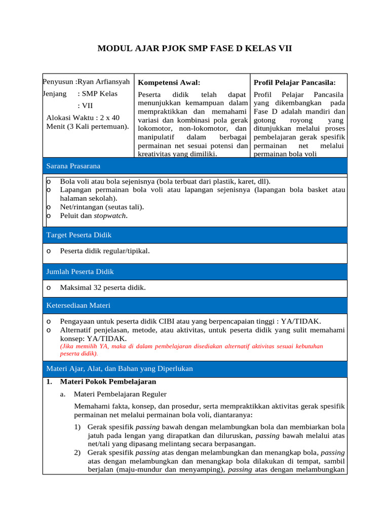 02 Modul Ajar Pjok Permainan Bola Voli - SMP - D Kelas 7 - Ryan | PDF