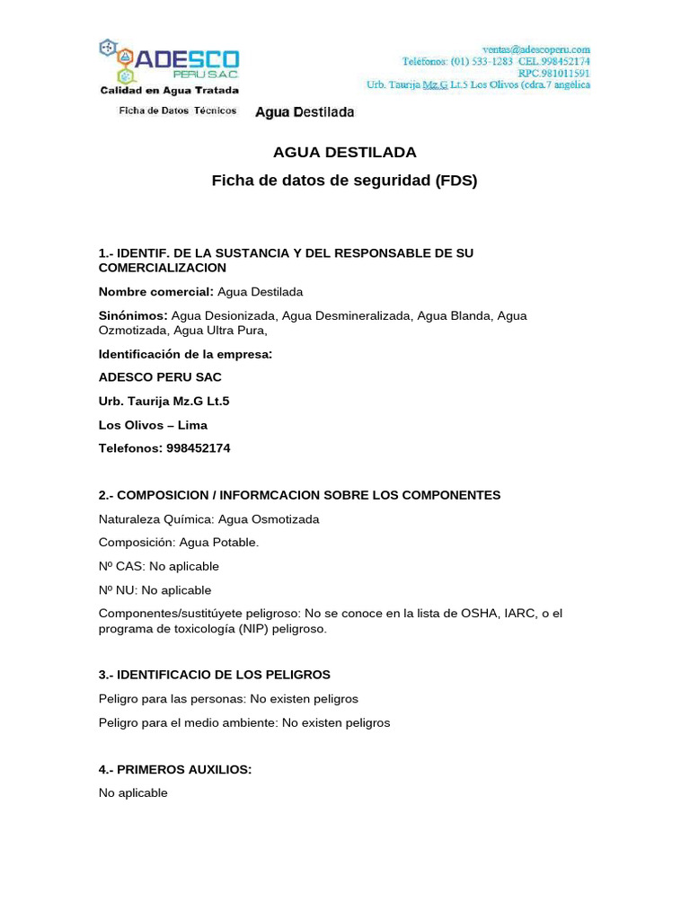 Hoja de Seguridad Agua Destilada 2023 | PDF | Agua | Destilación