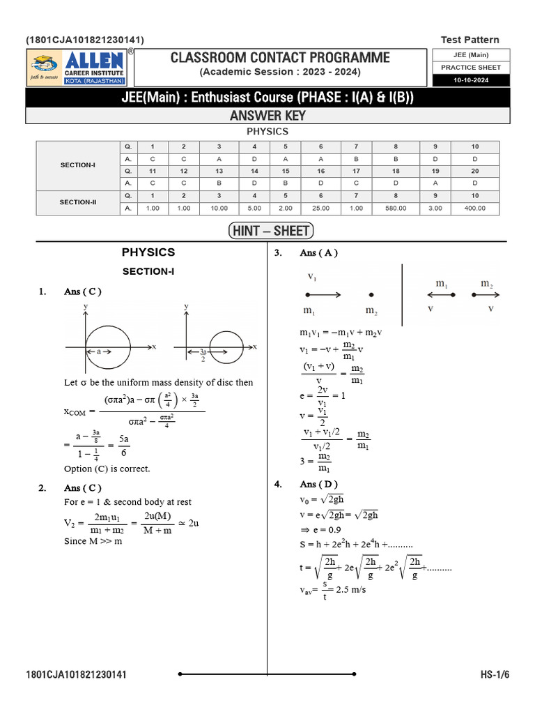 Classroom Contact Programme JEE (Main) : Enthusiast Course (PHASE: I (A) & I (B) ) | PDF ...