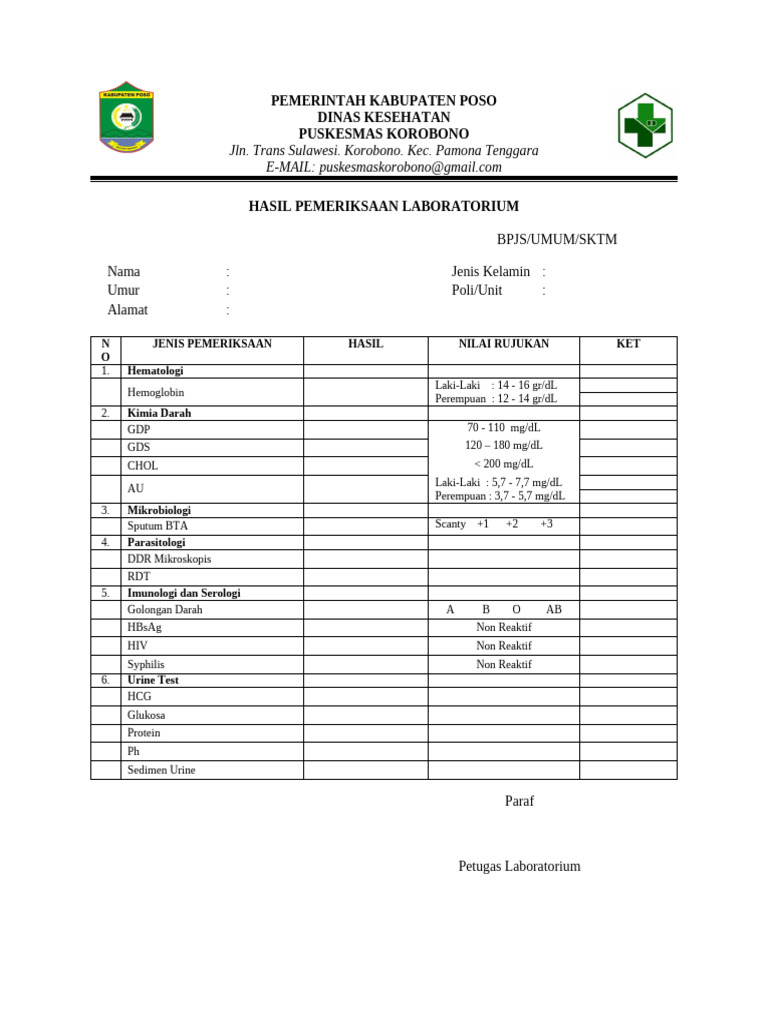 format hasil pemeriksaan lab | PDF