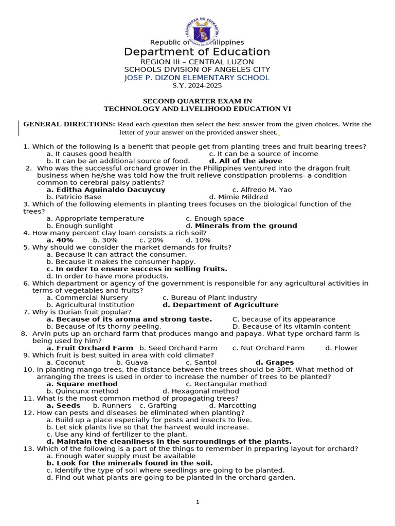 Tle Vi Second Quarter Exam 11 21 2024 Final | PDF | Trees | Plants