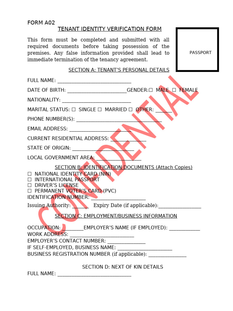 Tenant Identity Verification Form | PDF | Identity Document | Leasehold ...