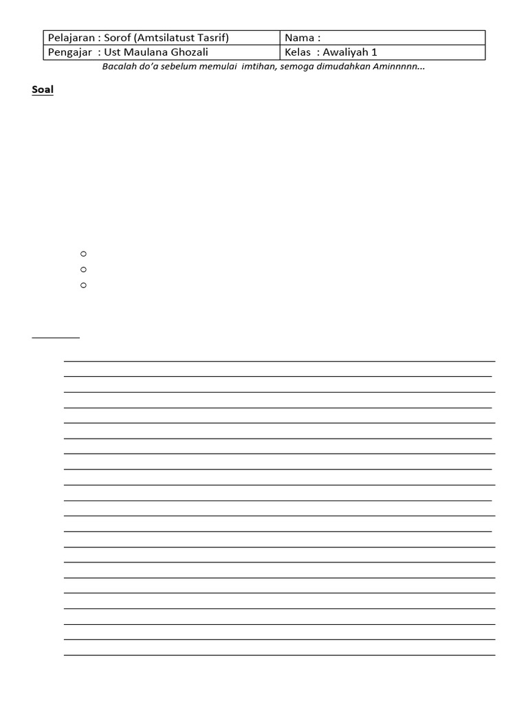 Soal dan Jawaban Sorof Awaliyah 1 | PDF