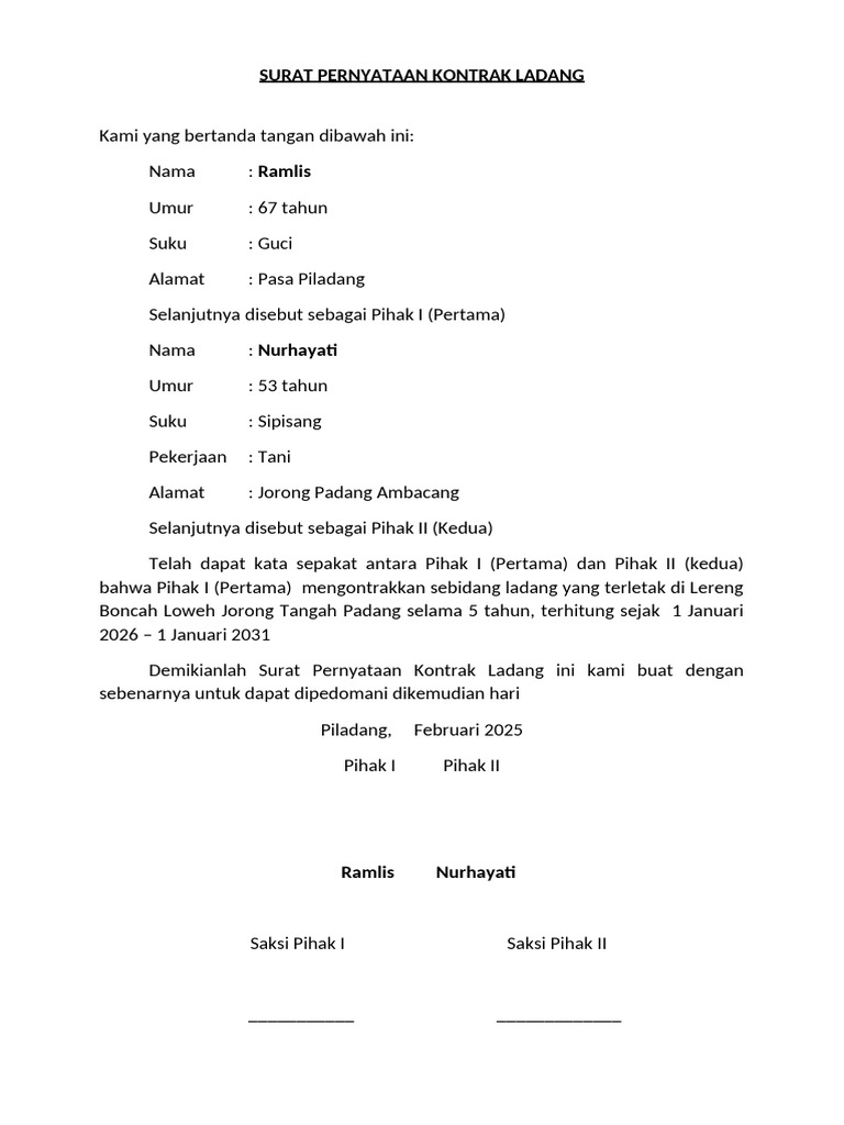 Surat Pernyataan Kontrak Ladang | PDF