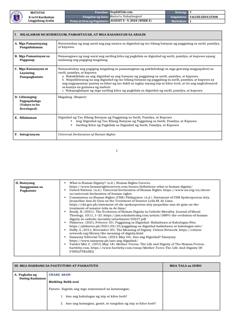 DLL Matatag - Values Education 7 q1 w2 | PDF