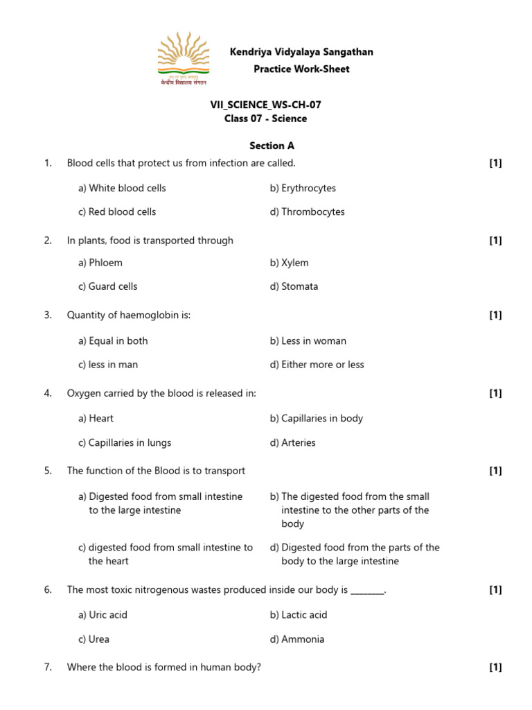 Class 7 Science Blood and Transport Worksheet | PDF | Blood | Blood Vessel