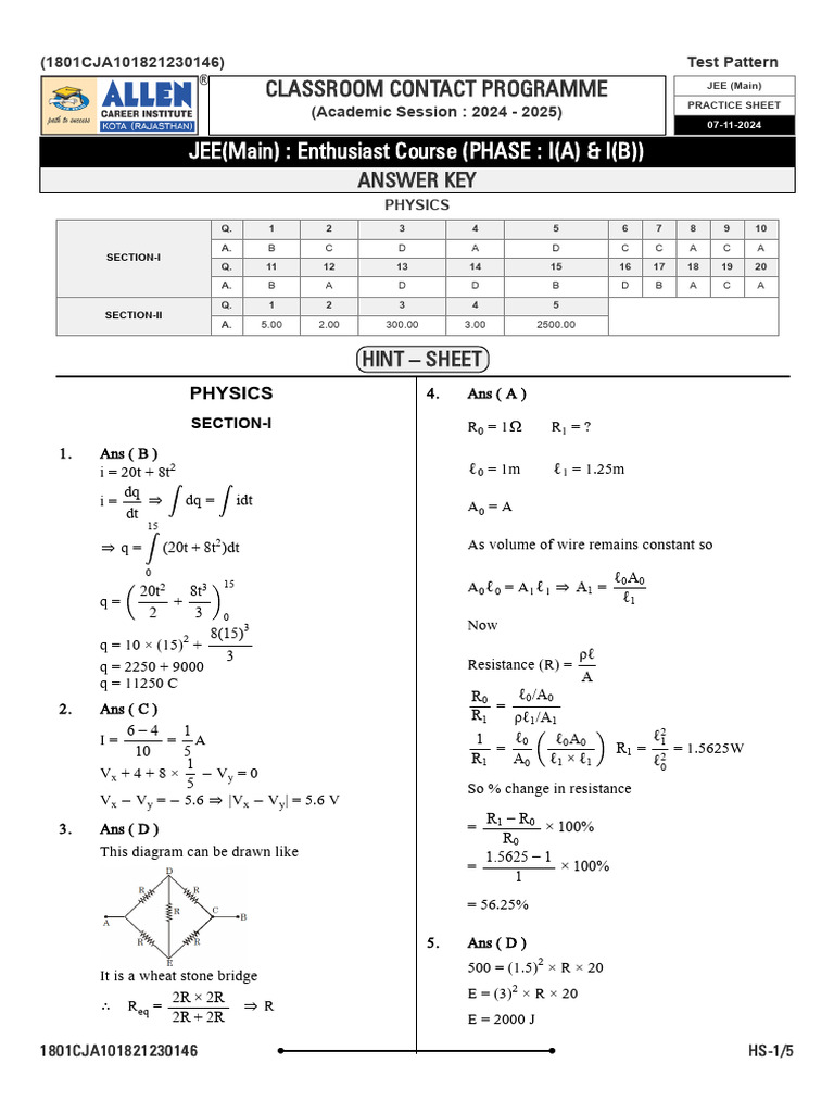 JEE Main Physics Practice Sheet 2024 | PDF | Series And Parallel Circuits | Computer Engineering