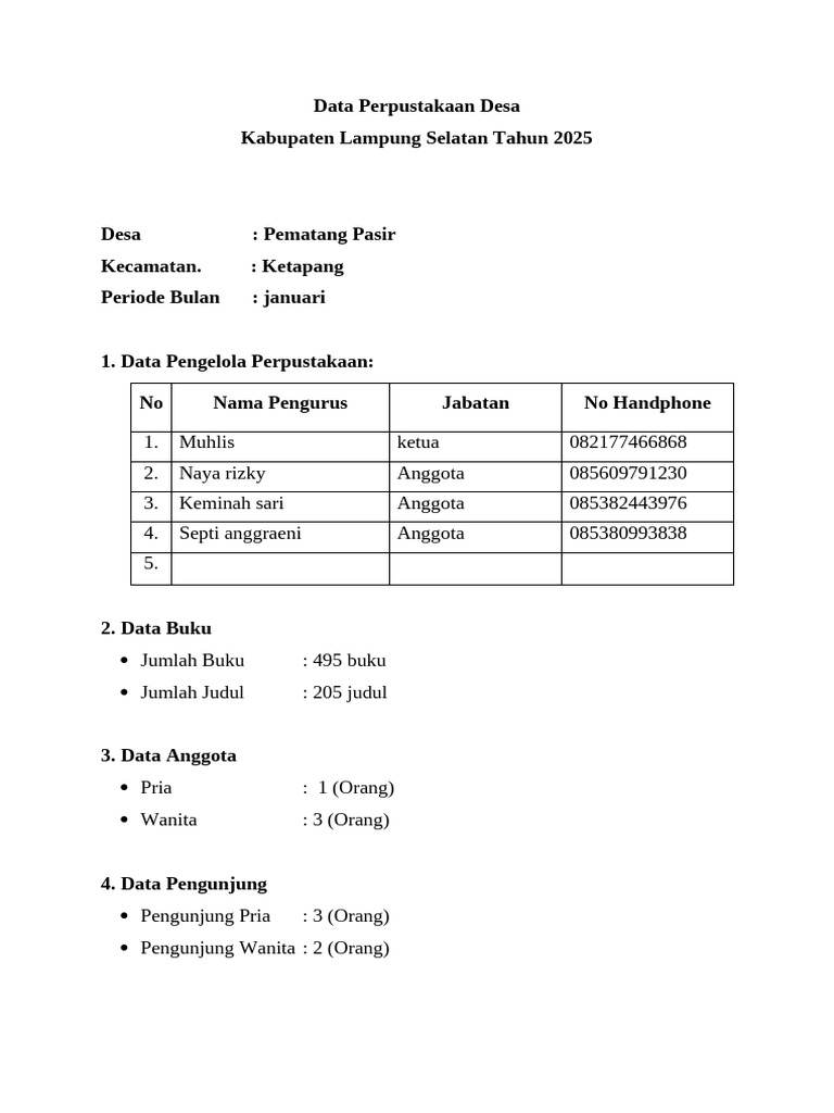 Data - Perpustakaan - Desa Pematang Pasir Januari | PDF