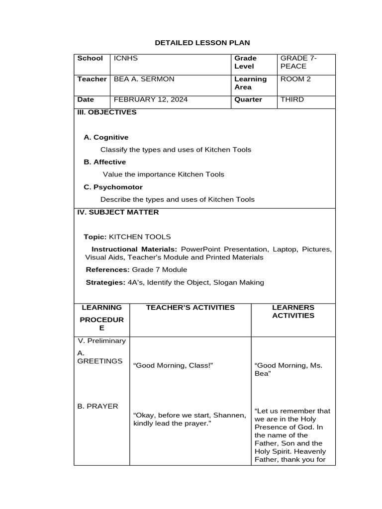Kitchen Tools Lesson Plan | PDF | Spoon | Cooking